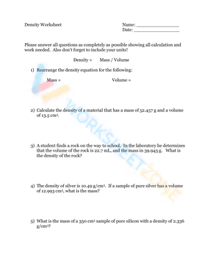 Free Printable Density Worksheets - Density of Matters