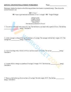 Free Printable Kinetic & Potential Energy Worksheets