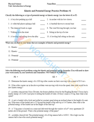 Free Printable Kinetic & Potential Energy Worksheets