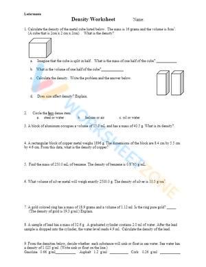 Free Printable Density Worksheets - Density of Matters