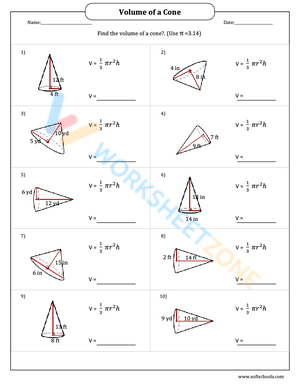 Grade 10 Volume of Cones Worksheets 2024