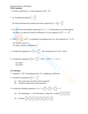 Free Printable Binomial Theorem Worksheets for Students