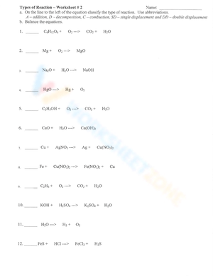 Free Printable Types of Reaction Worksheet Answers