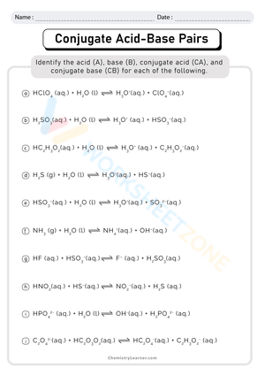 Free Printable Conjugate Acid Base Pairs Worksheets