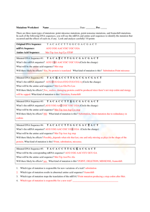 Free Printable Mutations Worksheet with Answer Keys