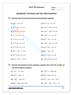 Free Printable Discriminant Worksheets for Students