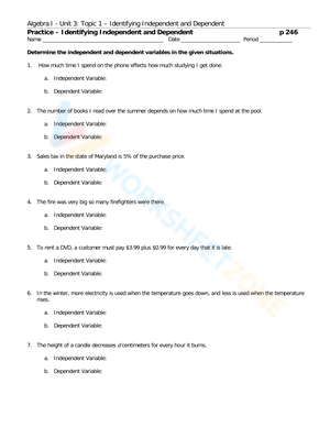 Free Independent and Dependent Variables Worksheets