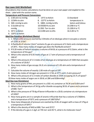 Grade 11 Ideal Gas Law Worksheets 2024