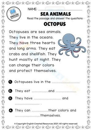 Free Sea Animals Reading Comprehension Worksheets for Kids