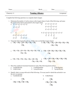 Free Printable Naming Alkanes Worksheets for Students