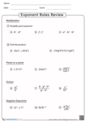 Grade 7 Exponent Rules Review Worksheets 2024