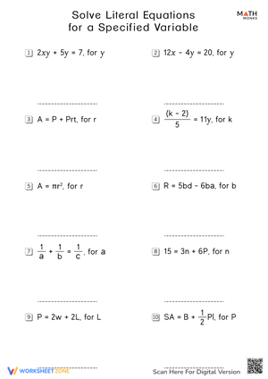 Free Printable Solving Literal Equations Worksheets