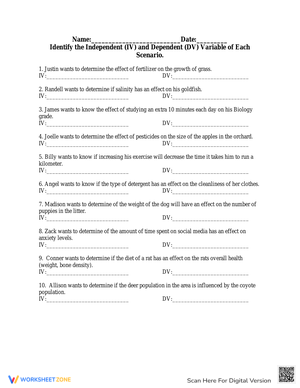 Free Independent and Dependent Variables Worksheets
