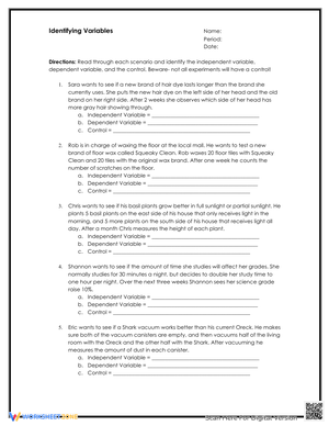Free Independent and Dependent Variables Worksheets
