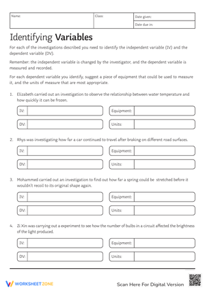 Free Independent and Dependent Variables Worksheets