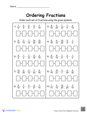 Grade 6 Fractions Ordering Worksheets 2024