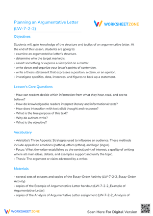 Argumentative Writing Lesson Plans Printables for Teachers