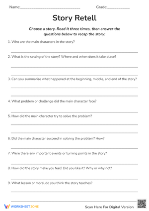Free Printable Retelling a Story Worksheets for Students